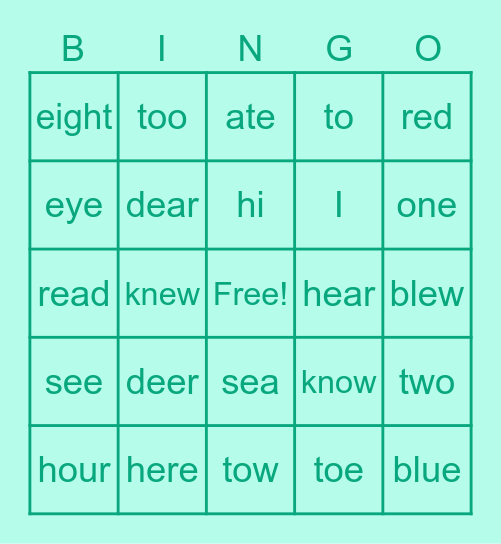 Homophones Bingo Card