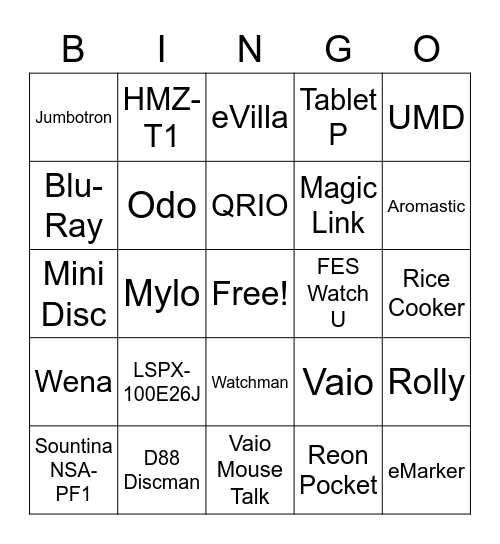 Sony Bingo Card