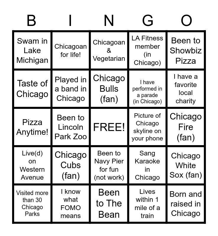 Chicago-"My Kind Of Town" Bingo Card