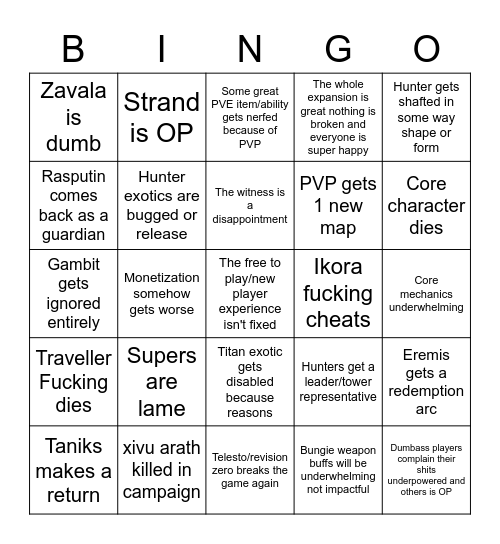 D2 Lightfall Bingo Card