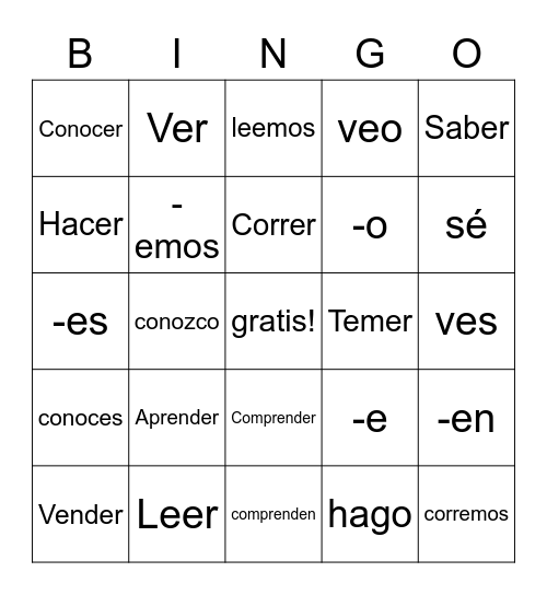 Espanol 1 Los verbos de -er Bingo Card