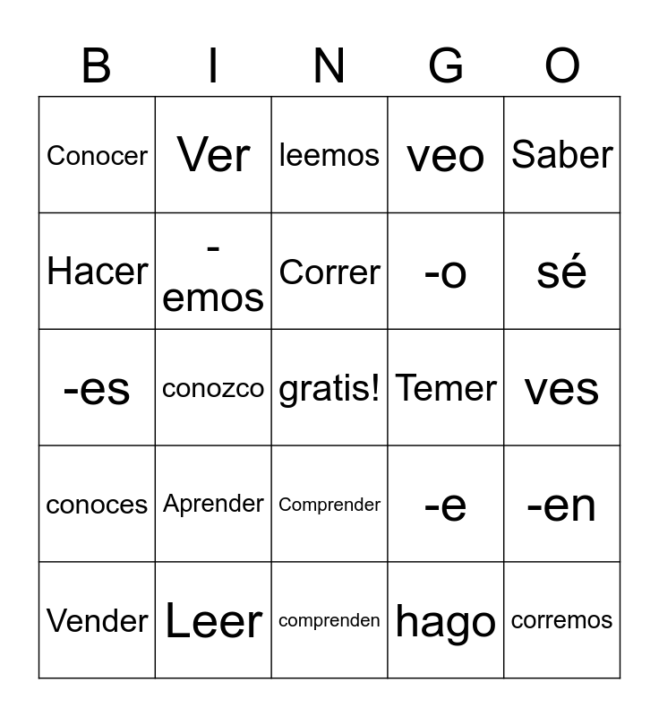 Espanol 1 Los verbos de -er Bingo Card