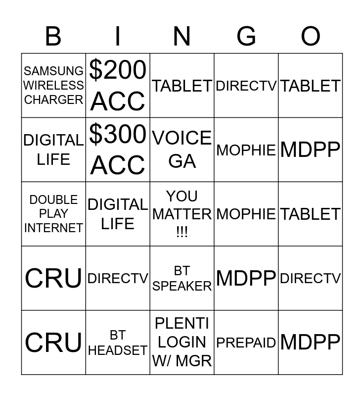 AT&T BINGO Card