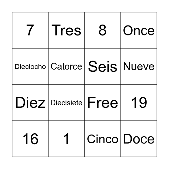 1 to 20 in Spanish Bingo Card