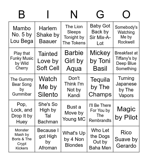 1-HIT-WONDER MUSICAL BINGO! Bingo Card