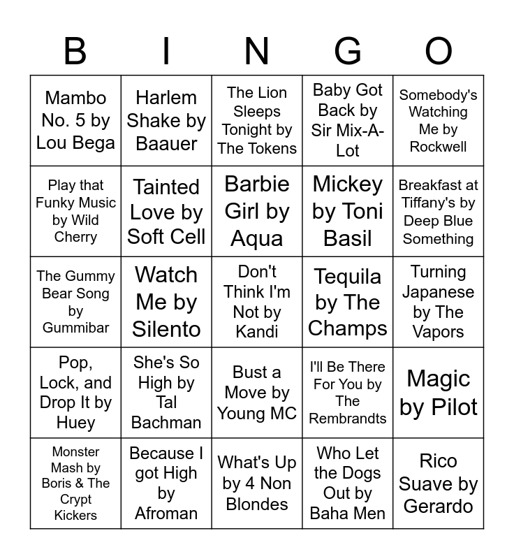 1-HIT-WONDER MUSICAL BINGO! Bingo Card