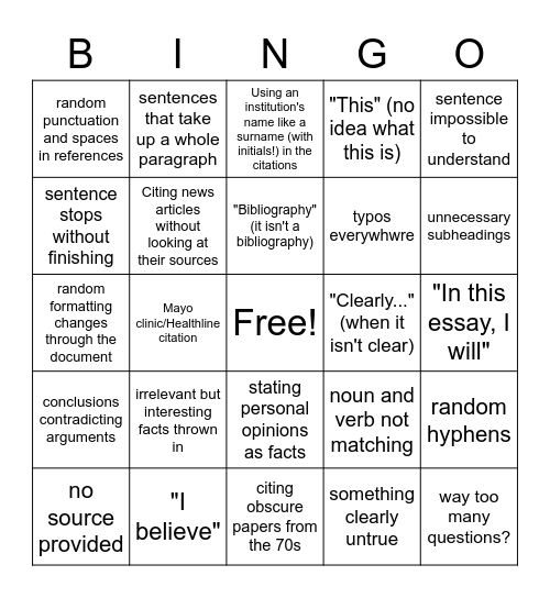 Marking undergraduate essays Bingo Card