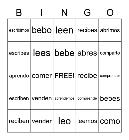 -ER -IR VERBS Bingo Card