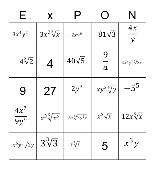 Rational Exponents Bingo Card