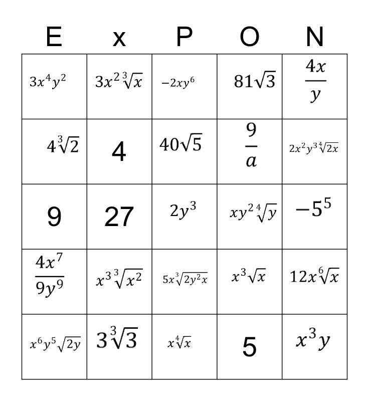 Rational Exponents Bingo Card