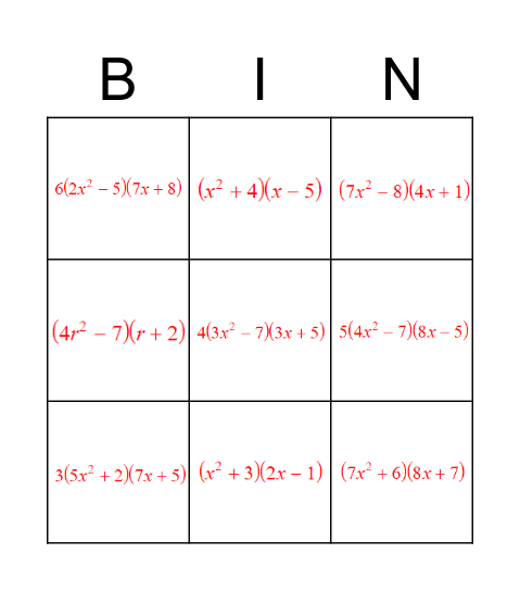 Factor by grouping Bingo Card