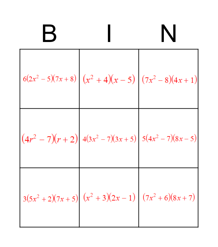 Factor by grouping Bingo Card