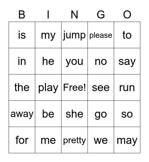Basic Sight Words Bingo Card