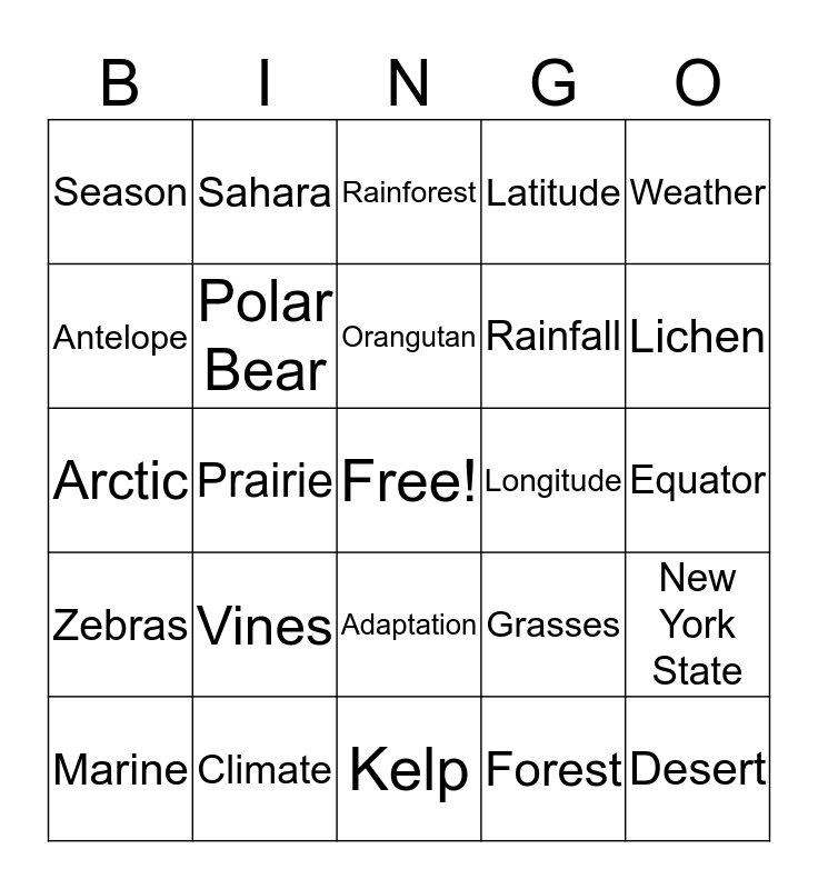 Biomes Bingo Card
