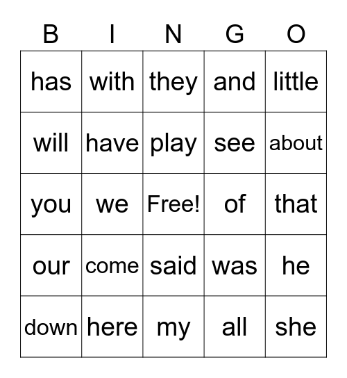 Kindergarten Sight Words Bingo Card