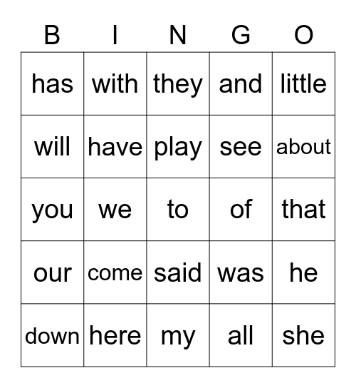 Kindergarten Sight Words Bingo Card