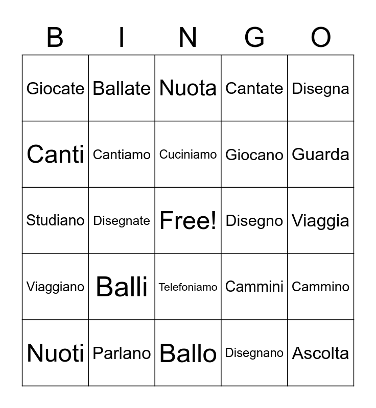 I Passatempi/ Gli Sport (Conjugated ARE Verbs) Bingo Card
