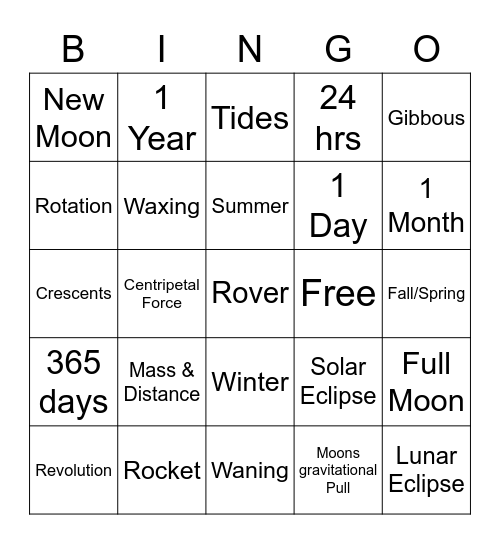 Astronomy Bingo Card Astronomy Bingo Card