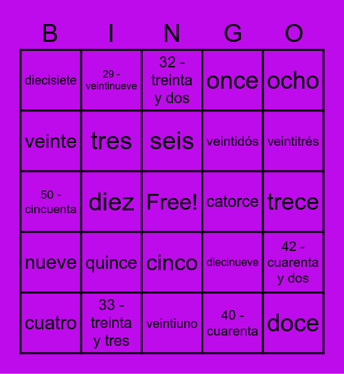 Spanish Numbers Bingo Card