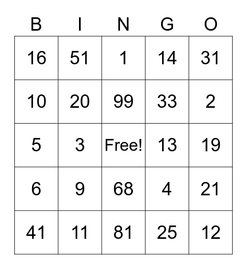 ASL NUMBER BINGO Card
