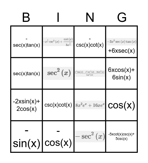 Derivative Bingo Card