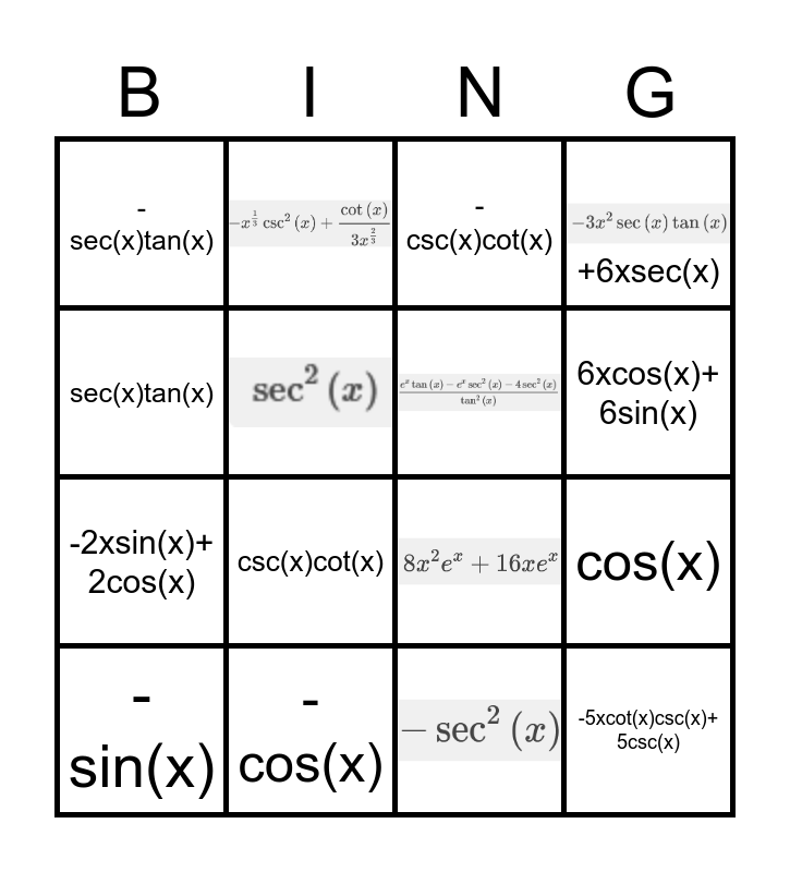 Derivative Bingo Card