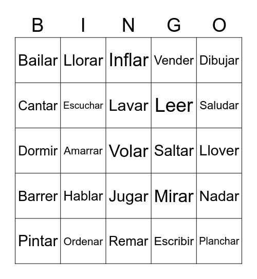 Los verbos en español Bingo Card