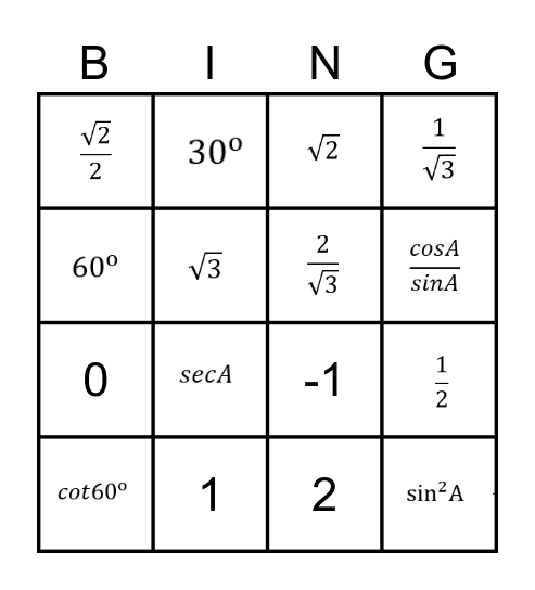 Trigonometric Ratio Bingo Card