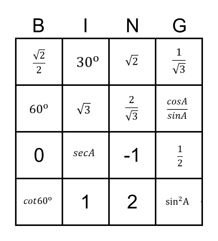Trigonometric Ratio Bingo Card