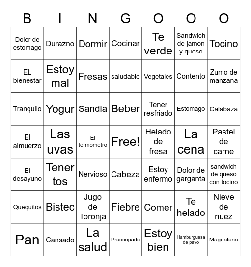 Repaso de comida y salud Bingo Card