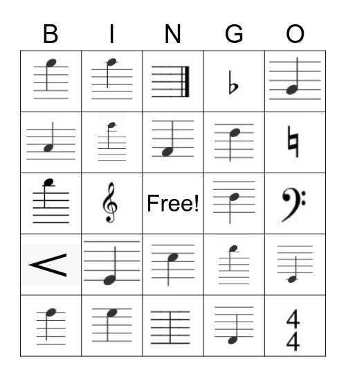 Treble Clef Note Names Bingo Card