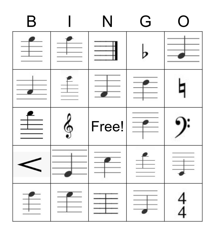 Treble Clef Note Names Bingo Card