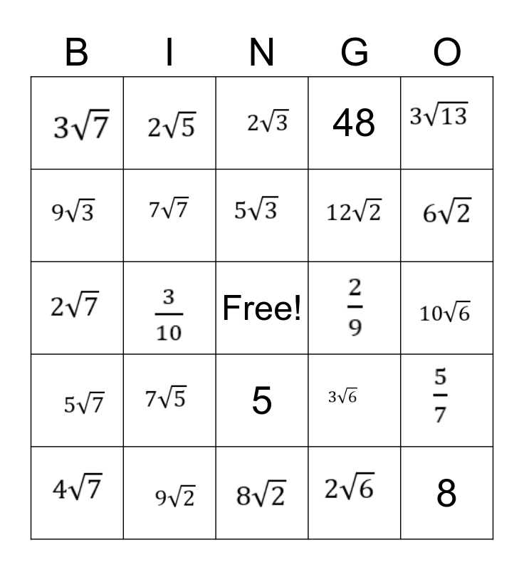 Simplifying Radicals Bingo Card