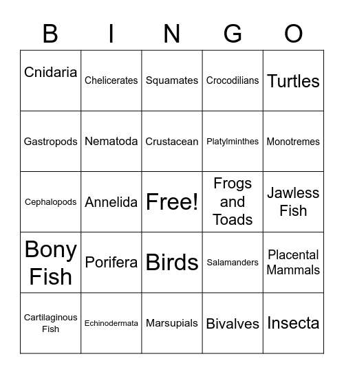 Vertebrate Bingo Card