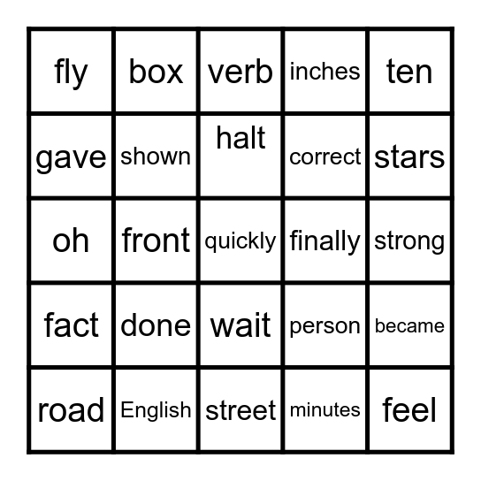 401-425 FRY WORD BINGO Card