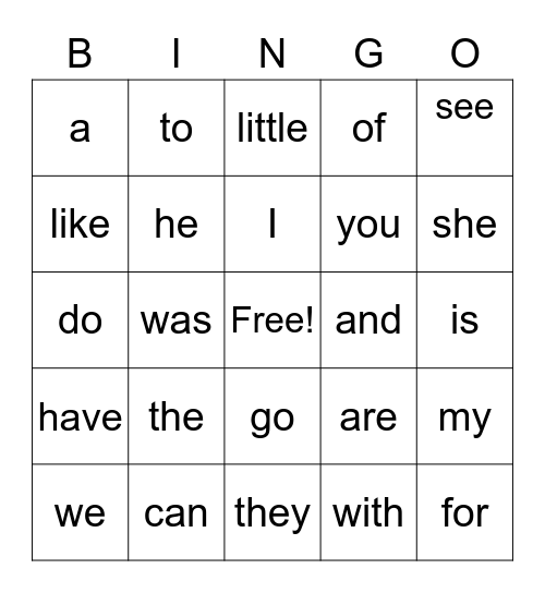 Sight Word Bingo Card