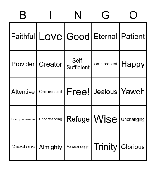 Characteristics of God Bingo Card