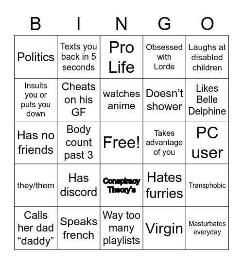 Incel Bingo Card