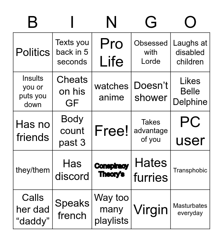 Incel Bingo Card