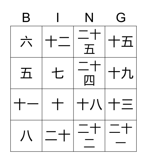 Chinese number 1-25 Bingo Card