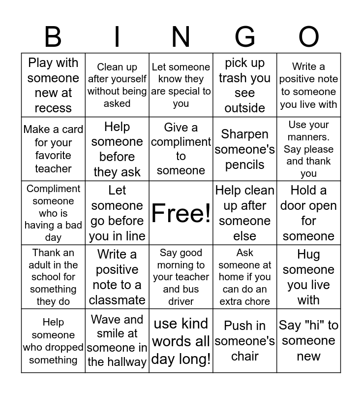 Random Acts of Kindness BINGO Card