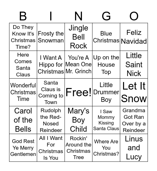Christmas Song BINGO Card