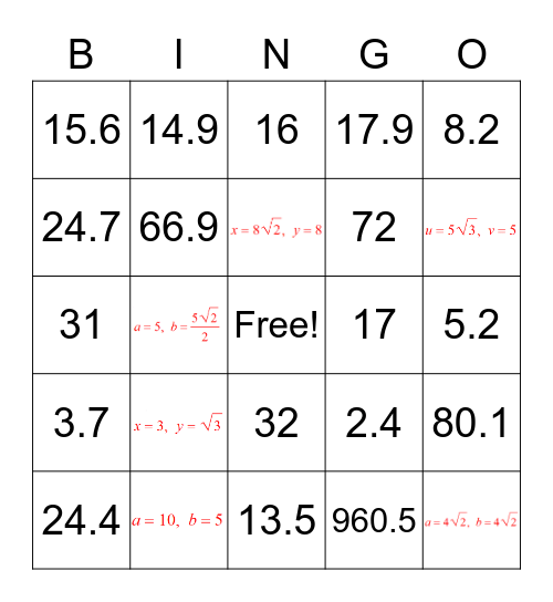 Trigonometry Bingo Card