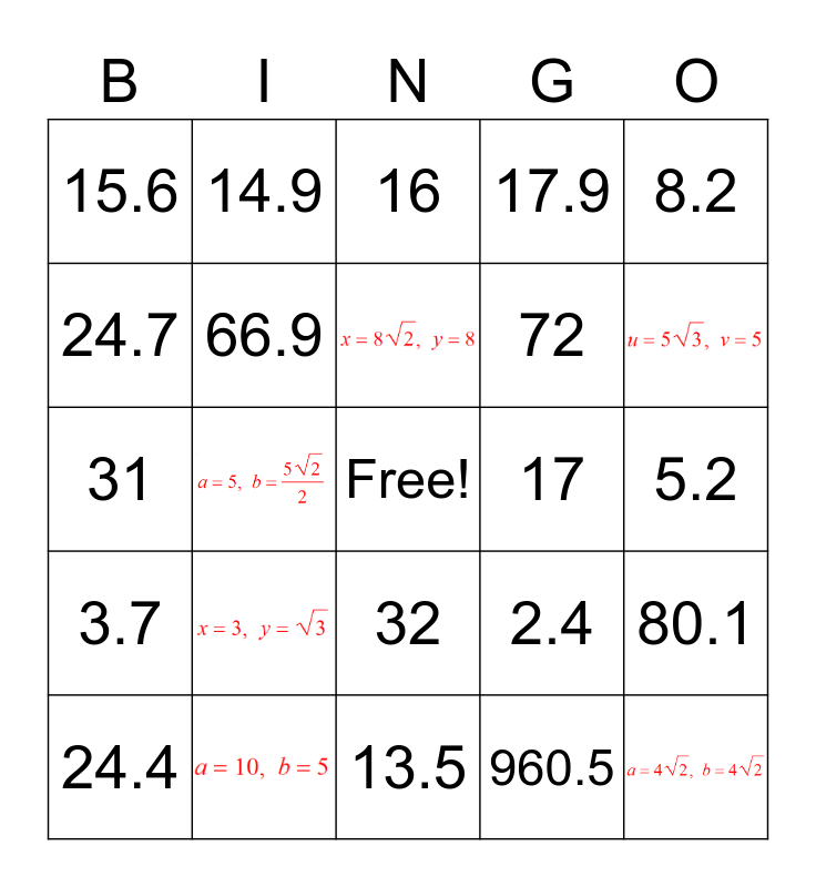 Trigonometry Bingo Card
