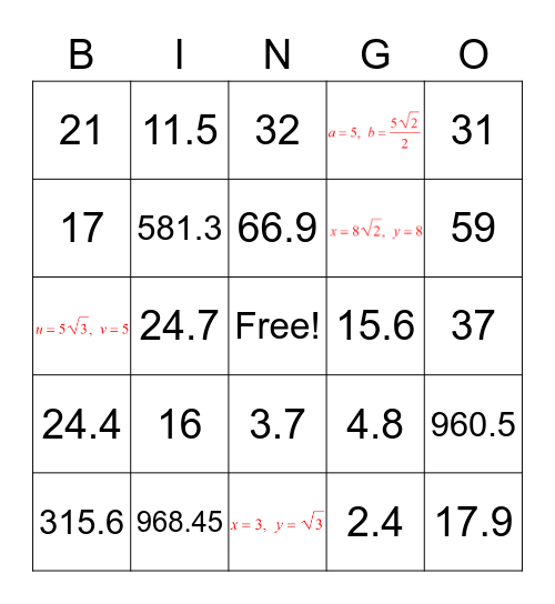 Trigonometry Bingo Card