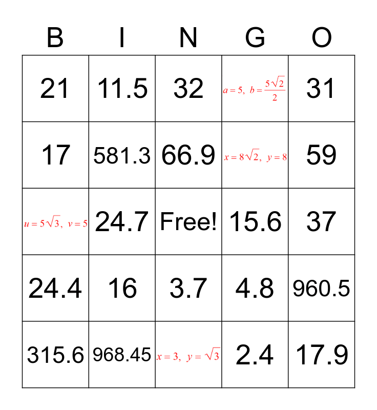 Trigonometry Bingo Card