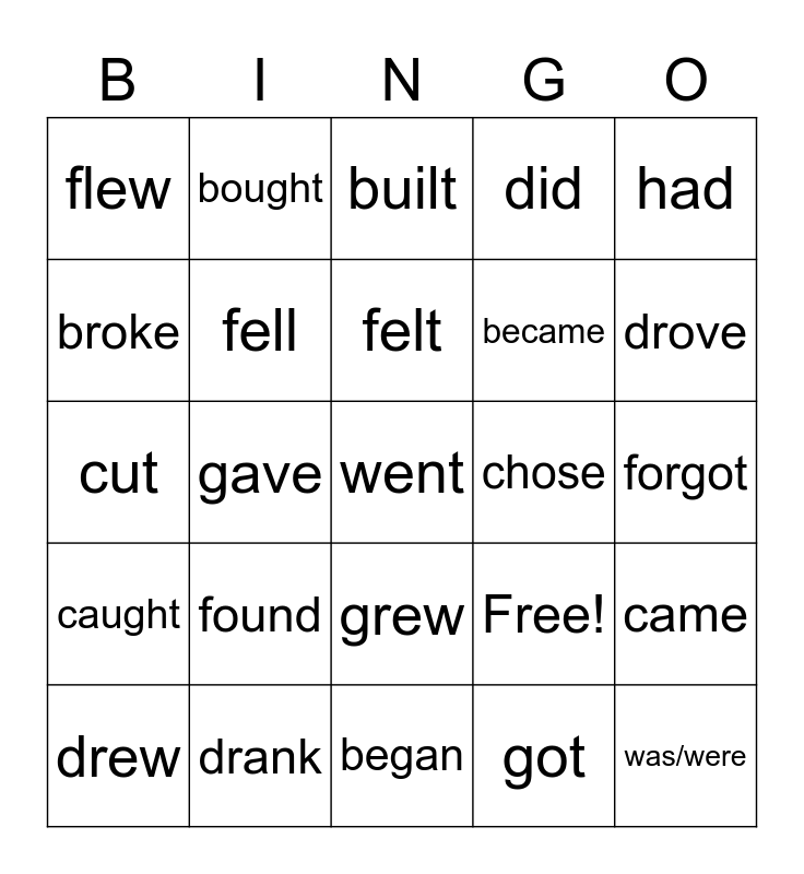 Irregular Verbs Past Simple Form Bingo Card Irregular Verbs Past Simple Form Bingo Card