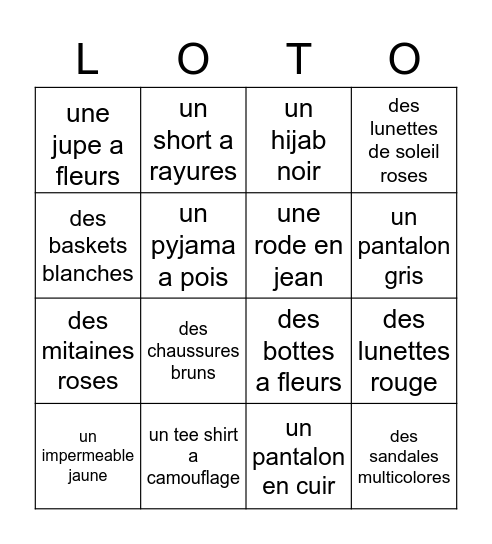 Les Vetements et Couleurs Bingo Card