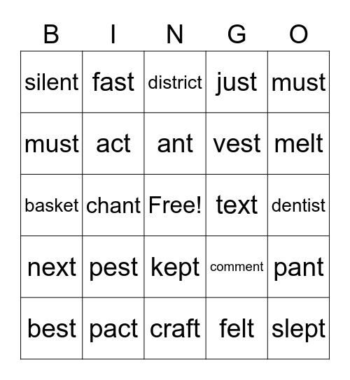 Ending T Blends Bingo Card Ending T Blends Bingo Card