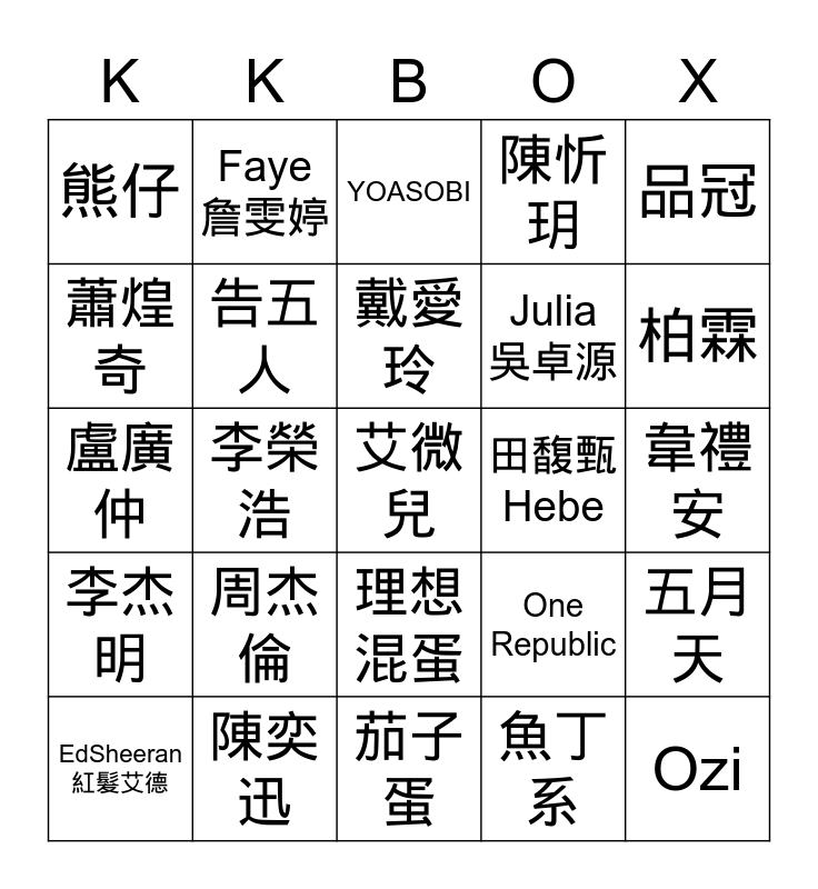 第18屆KKBOX風雲榜 Bingo Card